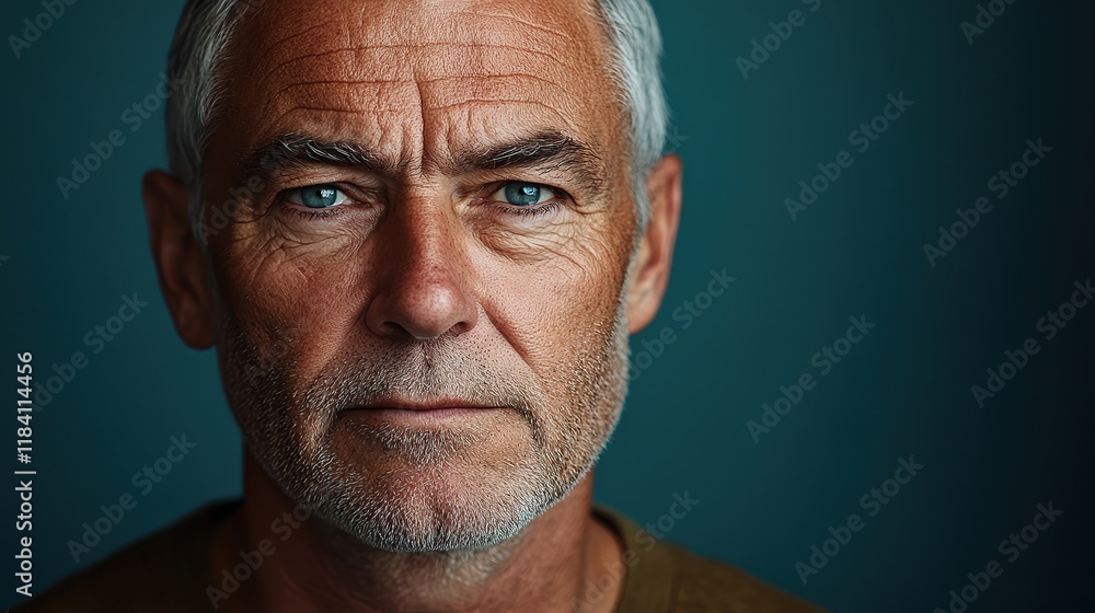 Portrait of middle-aged man with crow’s feet and subtle skin blemishes ...