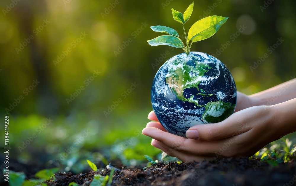 World environment day. Business hands holding green plant together for environment sustainable ...