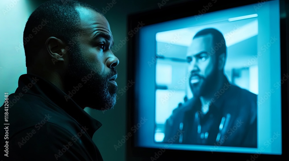 Film Director Analyzing Scene Footage on Large Monitor in Dimly Lit ...