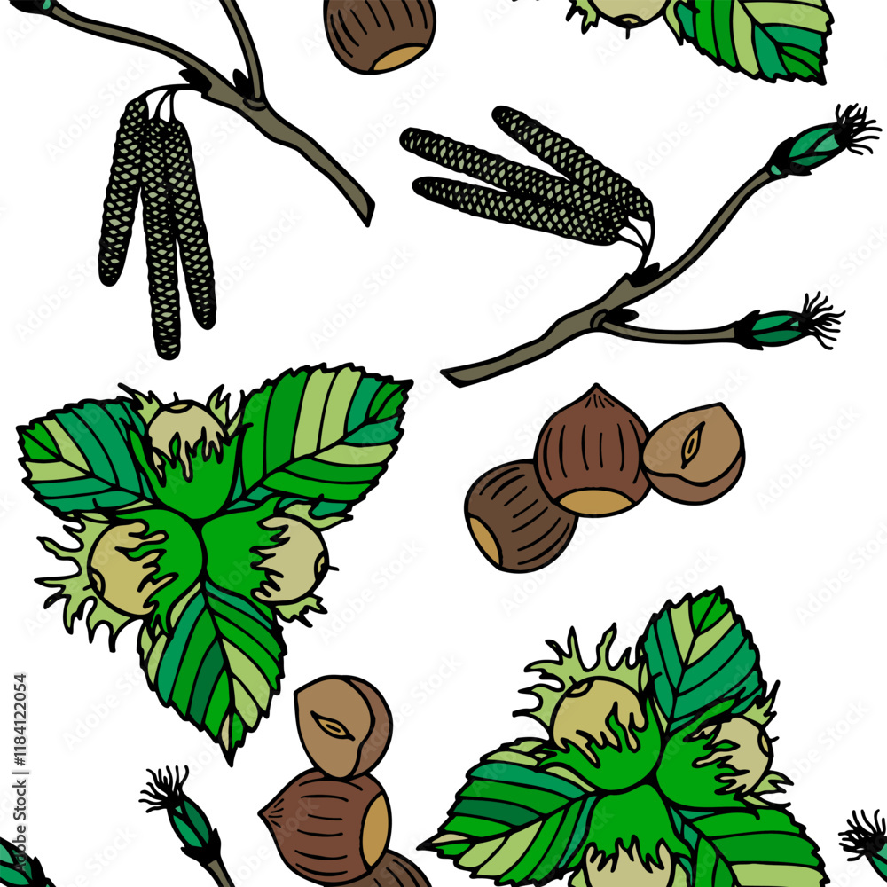 Seamless pattern of hazelnut clusters, green leaves, and catkin ...