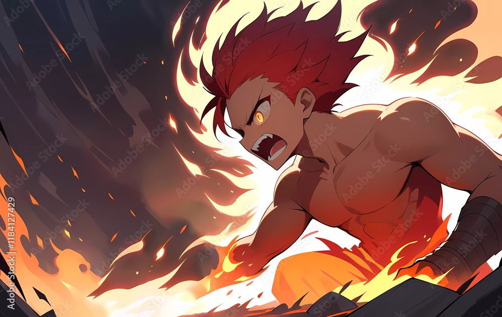 Cartoon art of man in intense battle scene with flames and energy ...