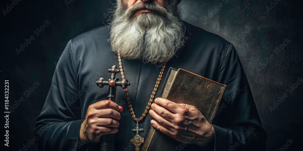 Deep depth of field captures the pious Orthodox priest, his silver ...