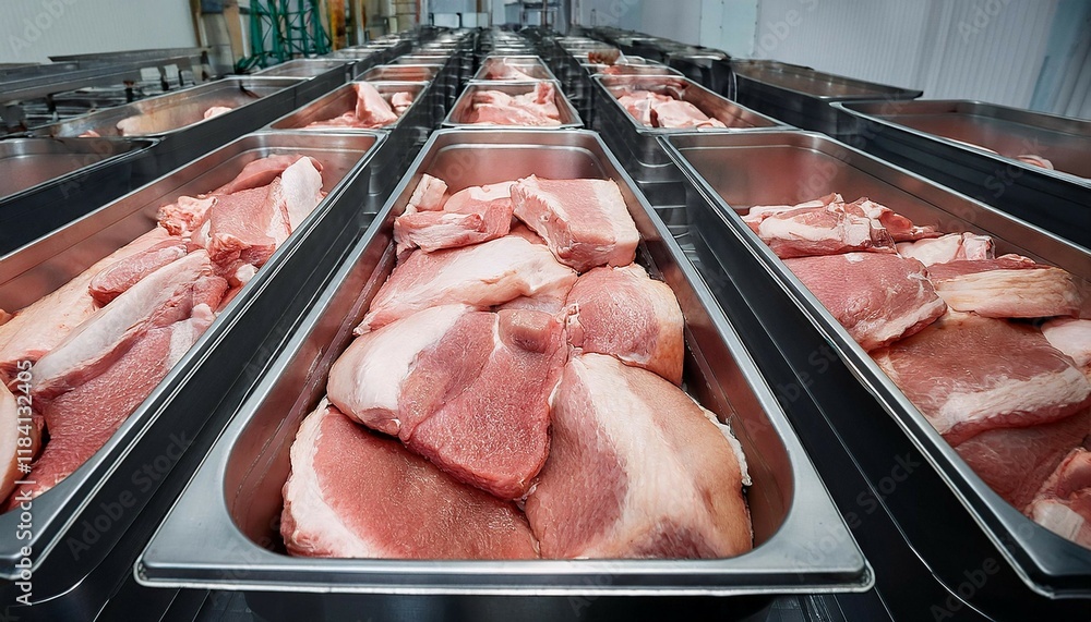 meat processing plant storing pork cuts in metal containers Stock Photo ...