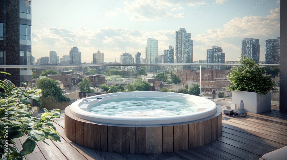 A jacuzzi placed on a modern rooftop terrace with a glass safety ...