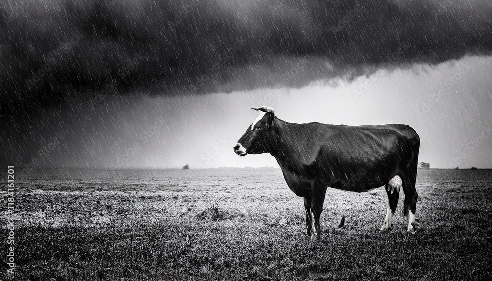 cow in thunderstorm dark sky background black and white livestock rain ...
