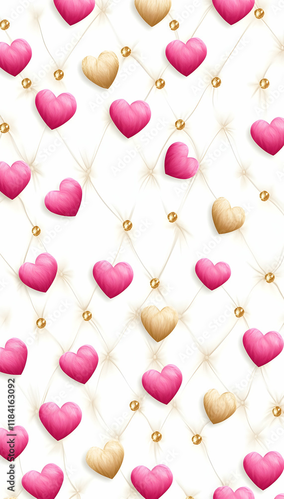 Pink and gold hearts pattern on tufted background; romantic wallpaper ...