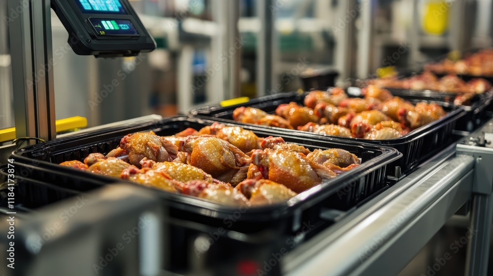 Packed chicken trays with barcode labels moving through a scanner in a ...