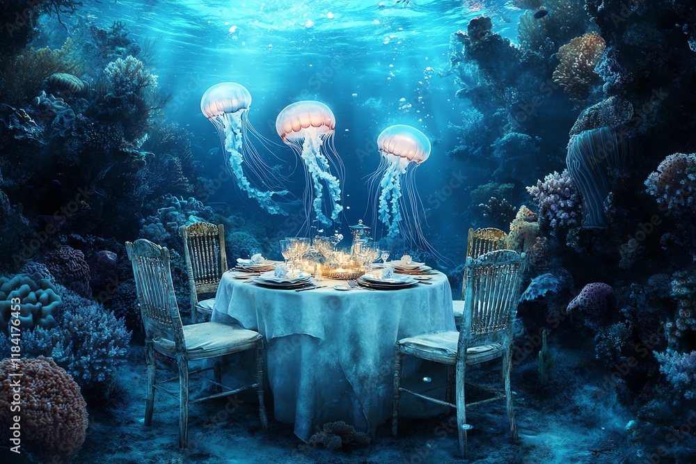 Surreal underwater dining scene. Elegant table set amidst vibrant coral ...