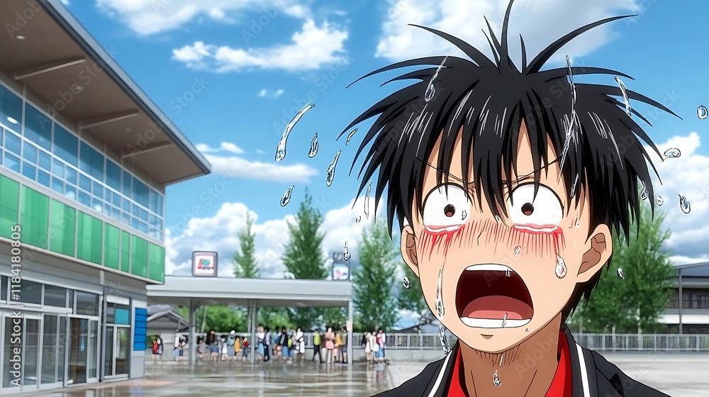 Anime Boy Crying Outdoors Shocked Expression School Building Background ...