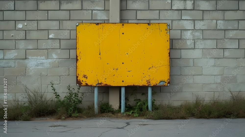 Weathered Yellow Road Sign on Gray Brick Wall, Vintage 1960s Style ...