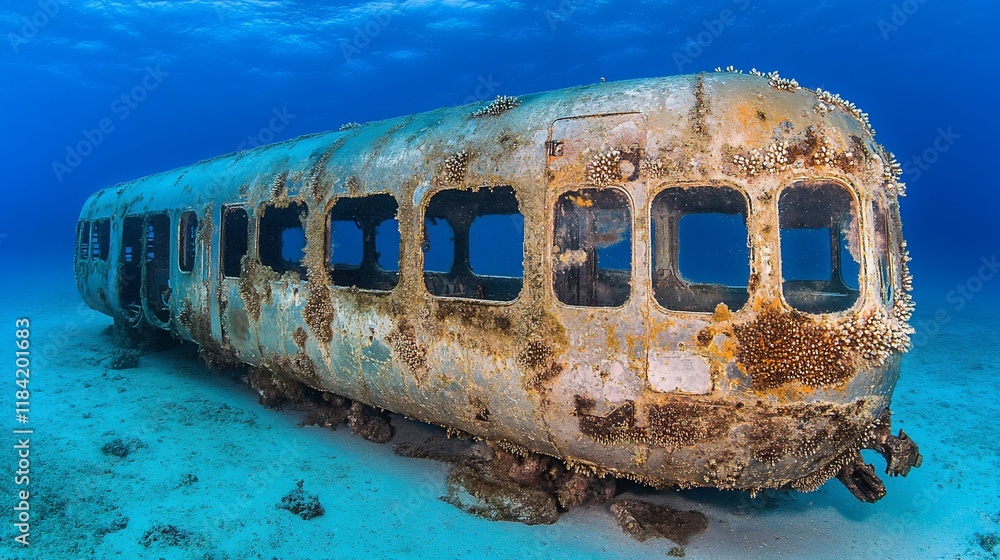 Sunken rusty bus rests on seabed, covered in marine growth, underwater ...