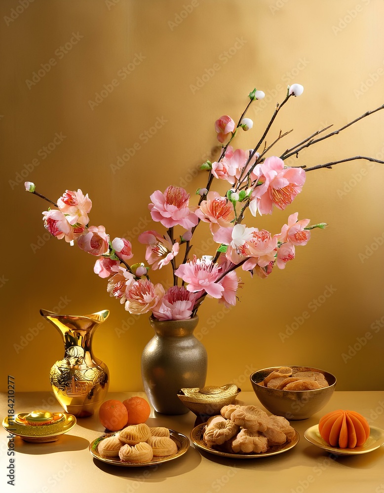 Lunar New Year on gold background and decorations with vase of flowers ...