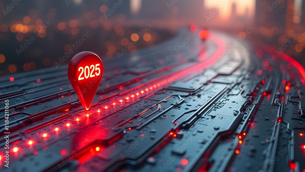 Futuristic 3D Timeline, 2025 Marker on Sleek Silver Circuit Board with ...