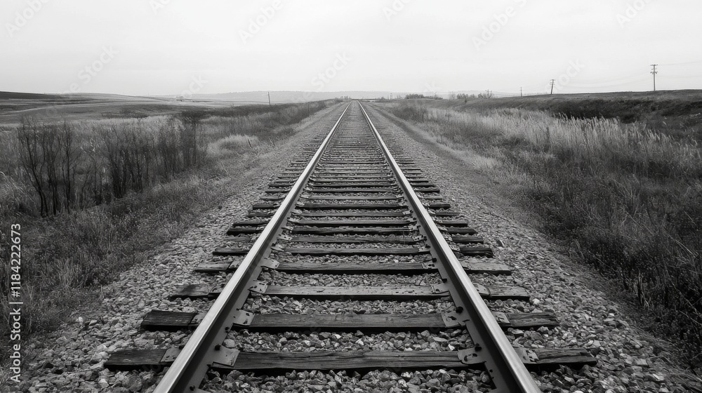 Black and white photo of train tracks receding into the distance across ...
