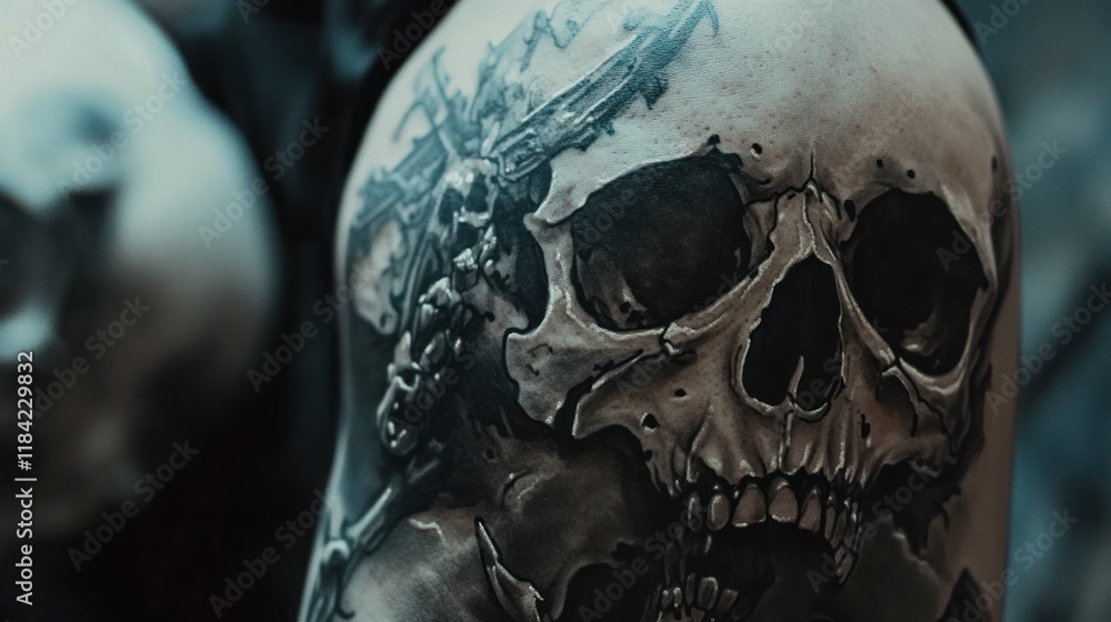 Dynamic tattoo sleeve highlighting realistic skulls and flowing ...