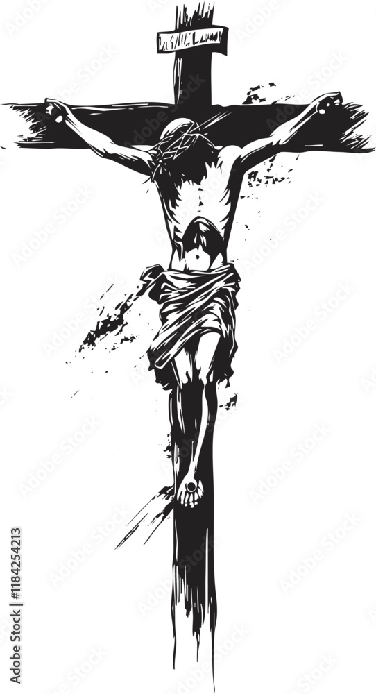 Black And White Illustration Of Jesus Crucifixion On The Cross Stock