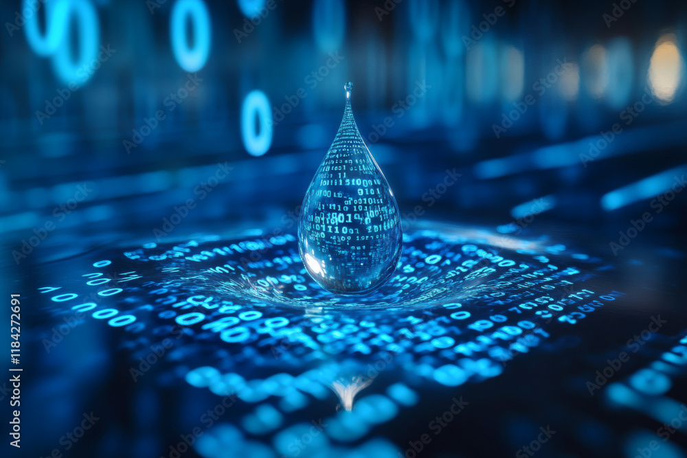 digital blue water drop icon with binary code, artificial intelligence ...