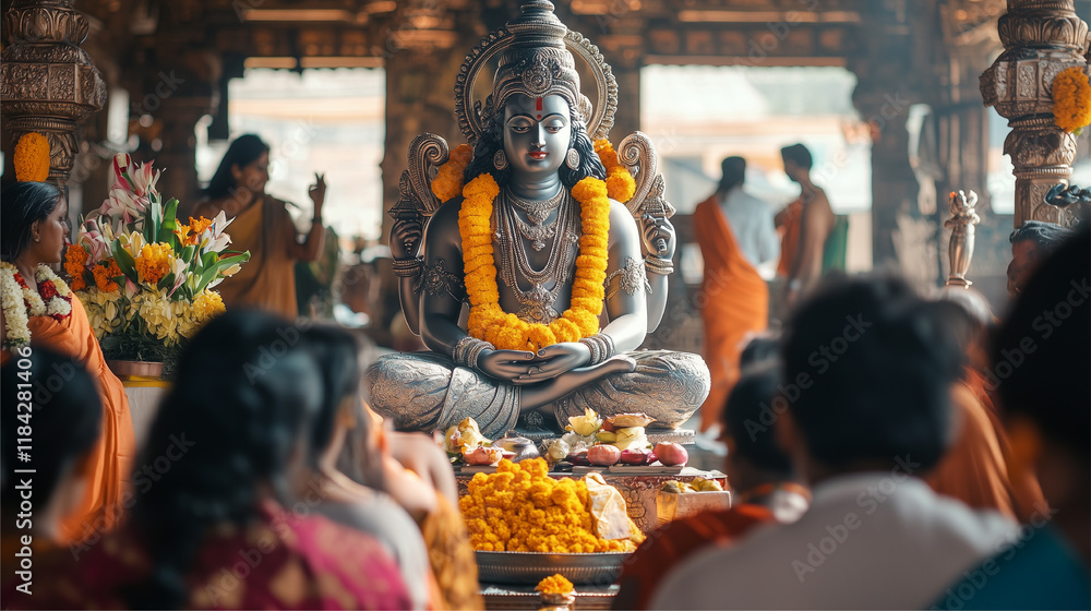 Foto de Stock Hindu men and women wearing traditional attire praying in ...