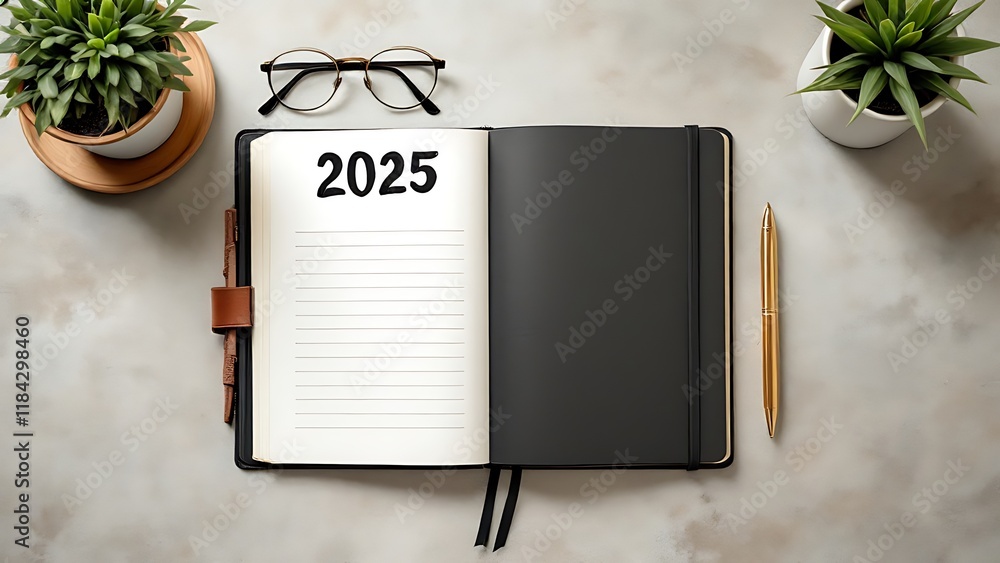 New year resolutions 2025 on desk. 2025 resolutions list with notebook ...