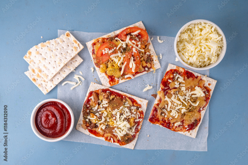 Foto de Stock Matzah Pizza on light blue background with ingredients ...