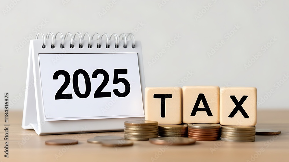 2025 Calendar and Word Tax on coin. Business tax management concept ...