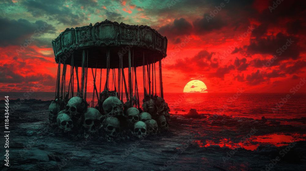 Serial killer, A surreal image of a carousel crafted from bones, slowly ...