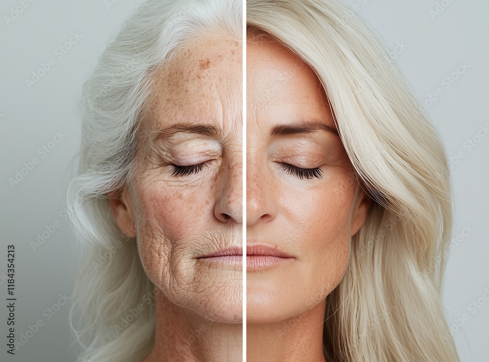 Portrait photo of a woman with a split screen, demonstrating youthful ...