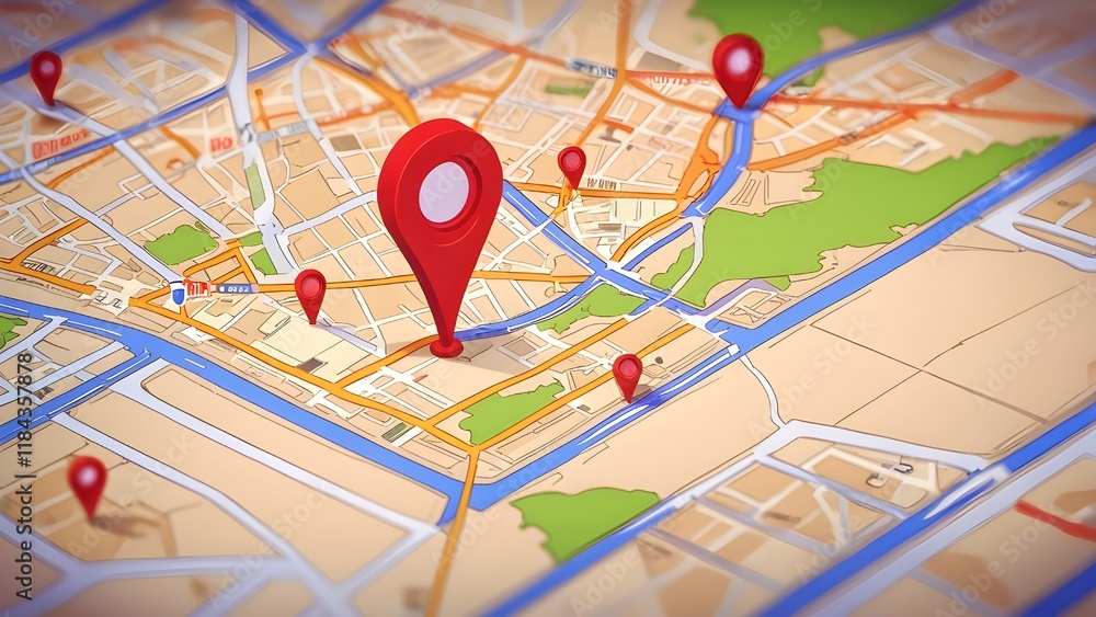 Red icon of the location on the digital map marking your destination ...