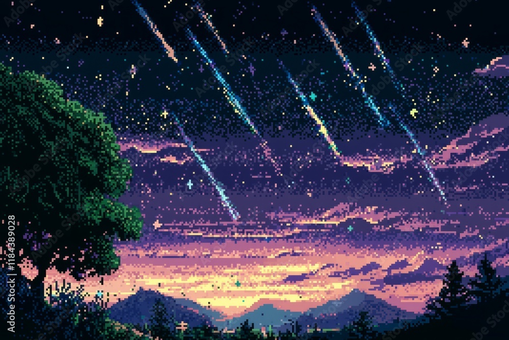 Captivating pixel art of a meteor shower under a starry night sky ...
