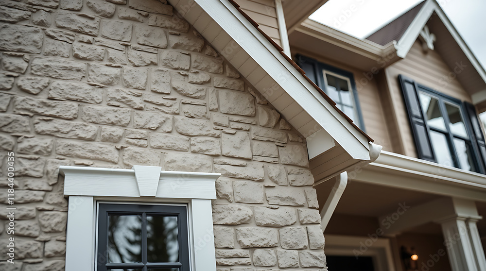 Close-up view of a house exterior featuring light beige manufactured ...