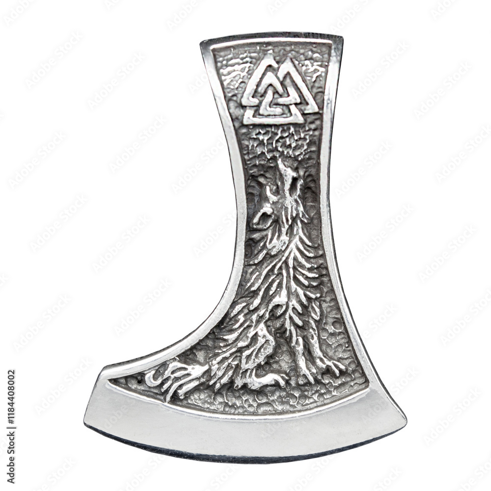 This silver pendant features a Perun axe with a Valknut symbol and a ...