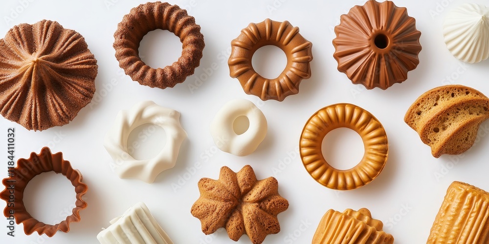 Baking forms arranged on a white background showcase various shapes and ...