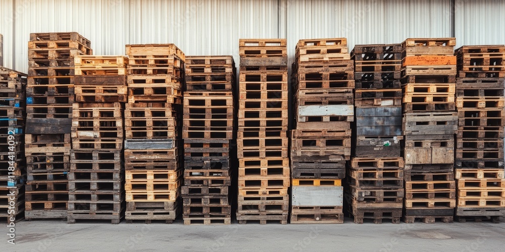 A collection of wooden pallets is organized within a warehouse setting ...
