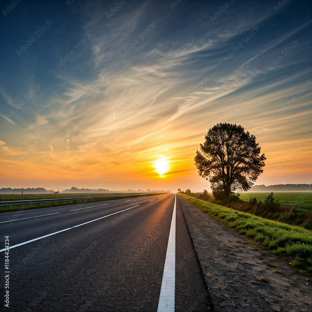 sunset on the highway. beautiful sun rising sky with asphalt highways ...