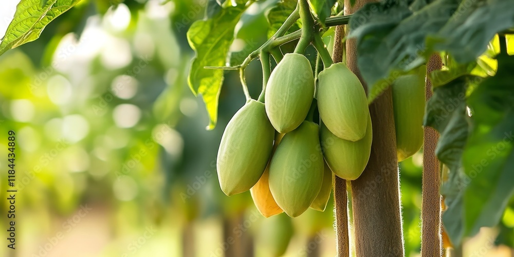 Papaya growing on the tree illustrates the growth journey from small ...