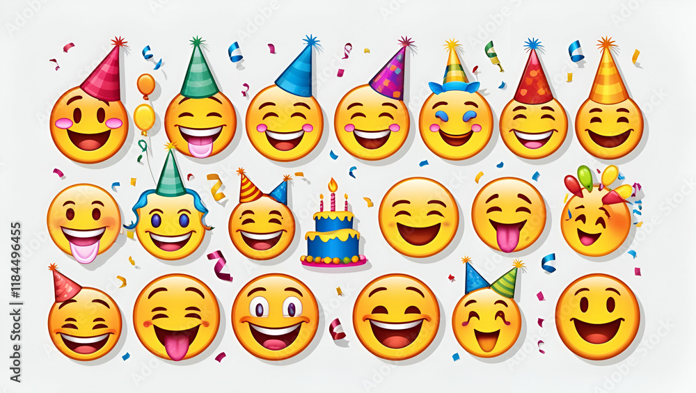 Smiley birthday emoji vector set. Smileys emoticon birthday party icon ...