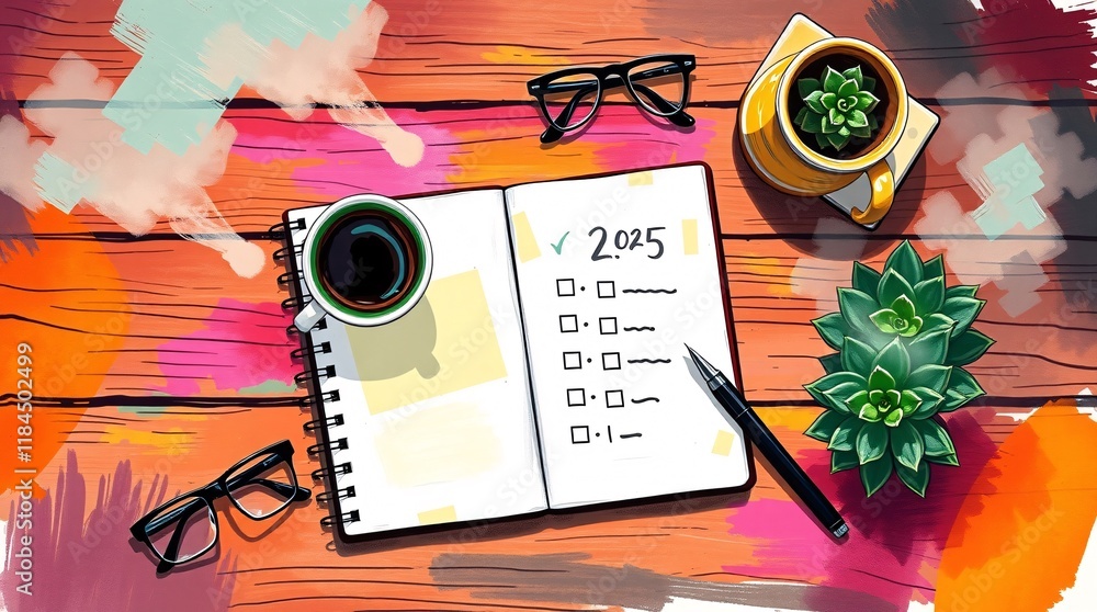 2025 New Year goals background with blank notebook, pen. Space for text ...