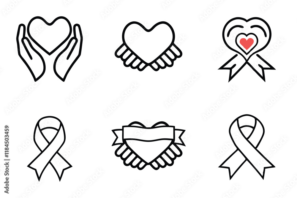 Heart and ribbon line art symbols representing support, love, and ...