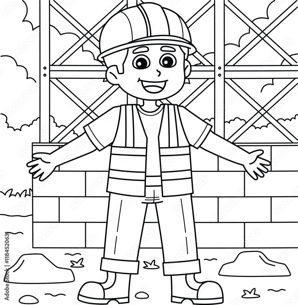 Male Construction Worker Coloring Page for Kids Stock Vector | Adobe Stock