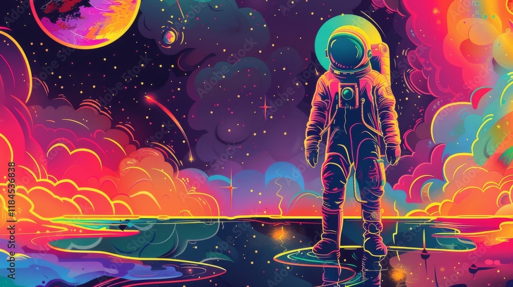 Space-themed abstract illustration featuring a cosmonaut floating in a ...