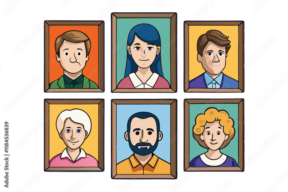 Illustrated collection of diverse portrait frames showcasing ...