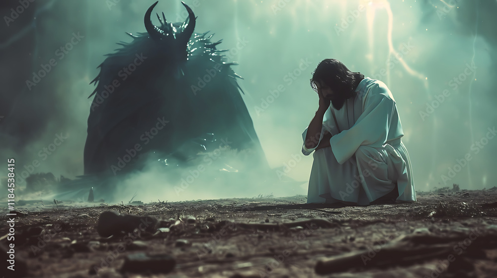 A dramatic scene of Jesus Christ kneeling in prayer, while Satan looms ...
