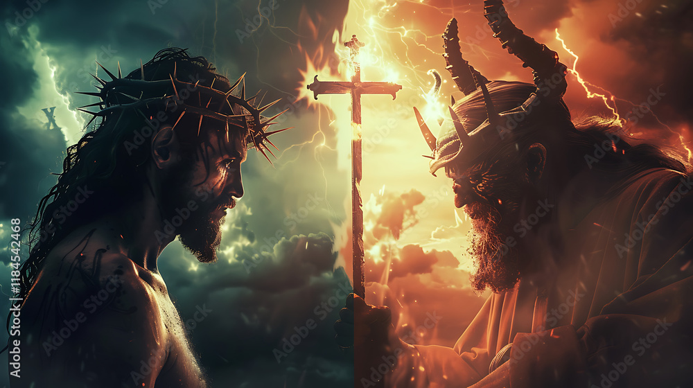 A dramatic face-off between Jesus Christ holding a glowing cross and Satan wielding a fiery ...