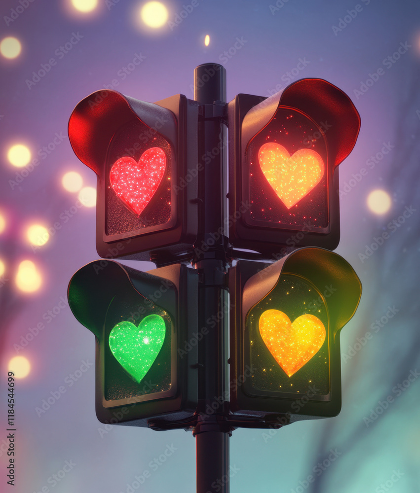 A stunning traffic light design with dual heart-shaped signals glowing ...