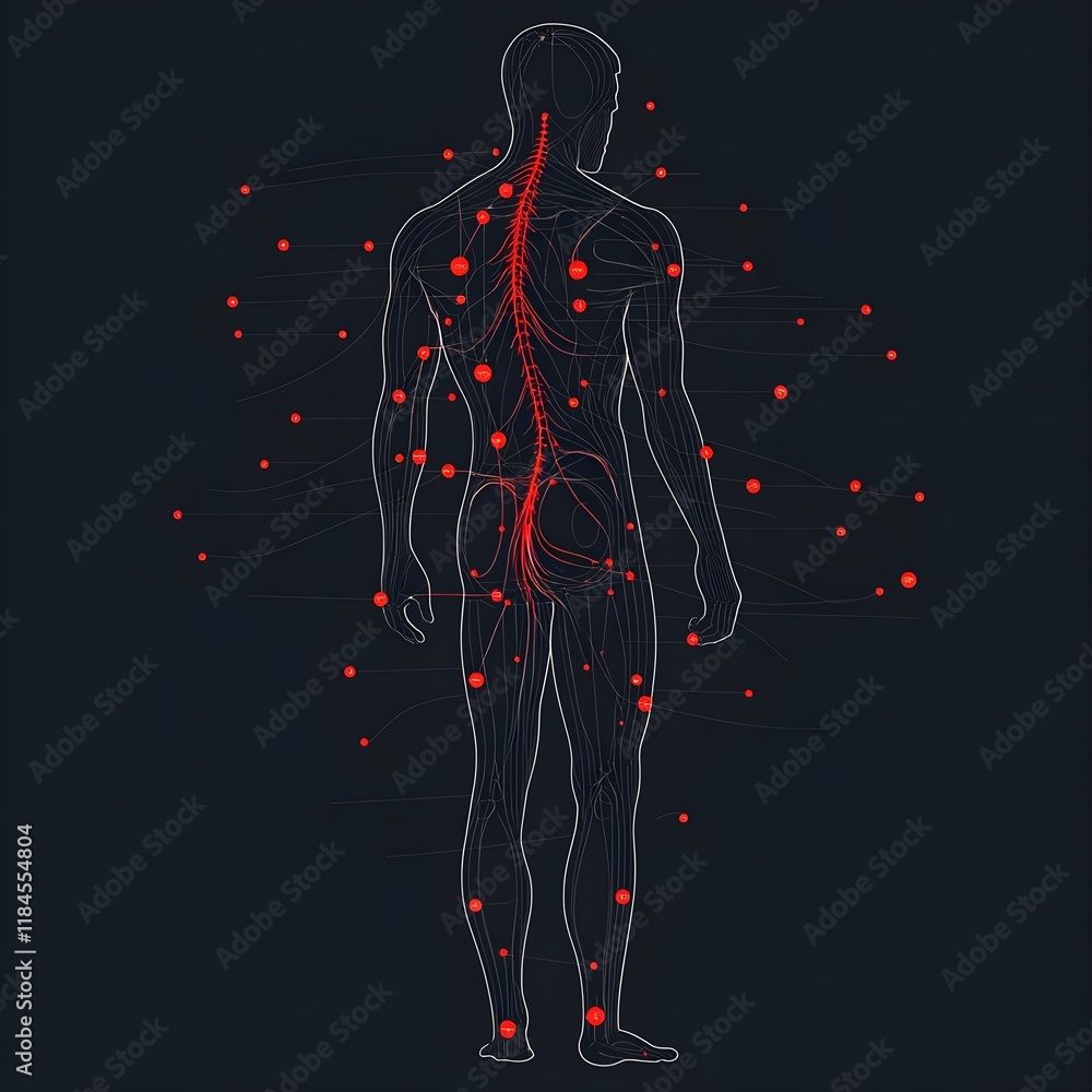 Human anatomy, silhouette, red veins, circulatory system, dark ...