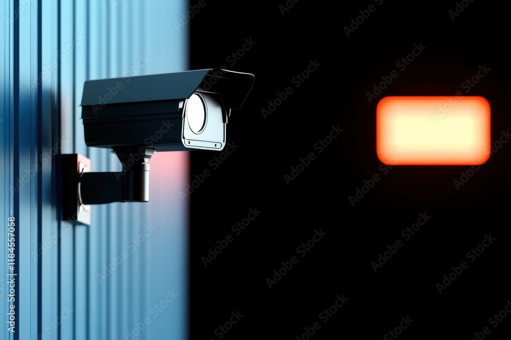Surveillance camera mounted on a wall with a glowing light in the ...