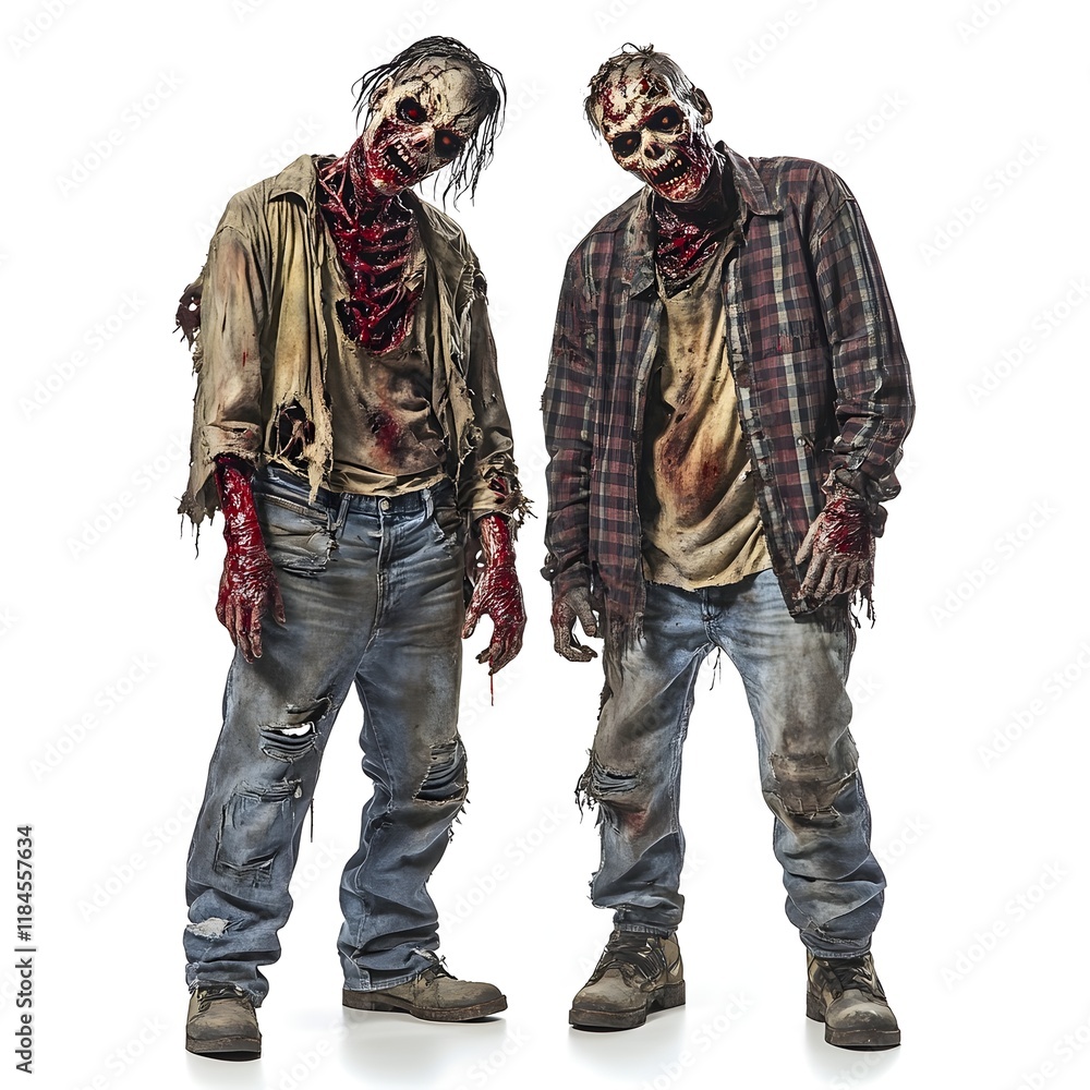 Decaying zombies, tattered clothing, plaid shirt, jeans, gruesome ...