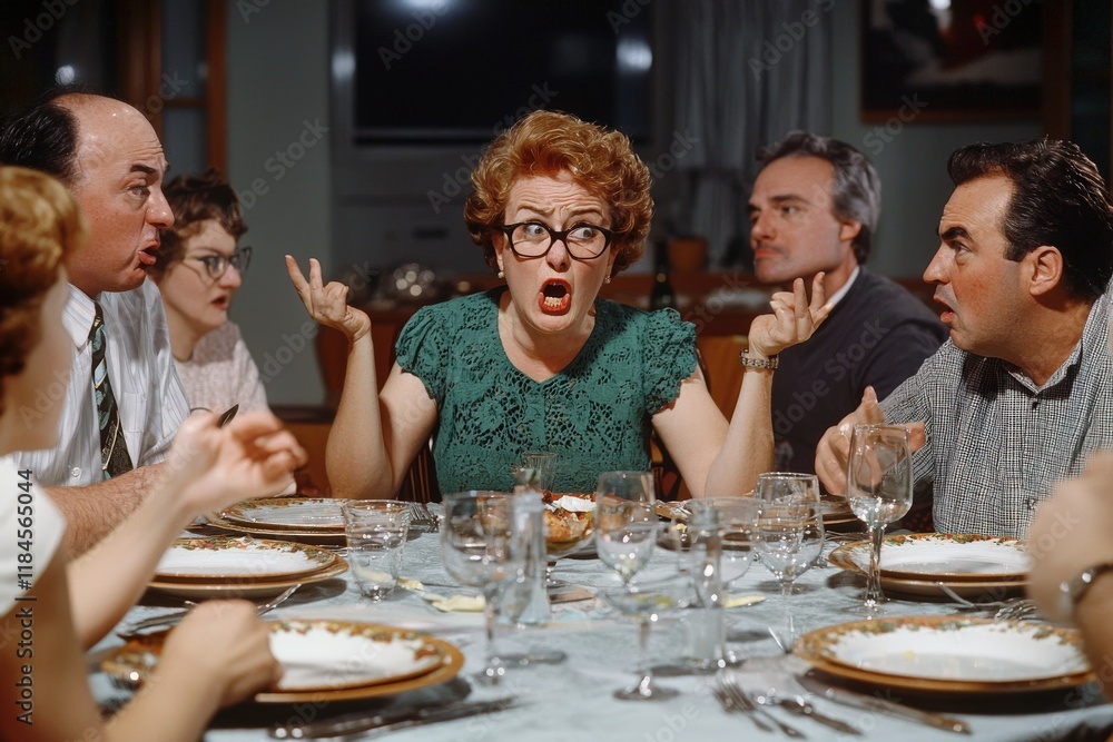 Family members arguing during a holiday dinner, with plates and glasses ...