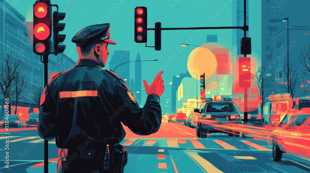 Security guard directing traffic illustration, standing at an ...