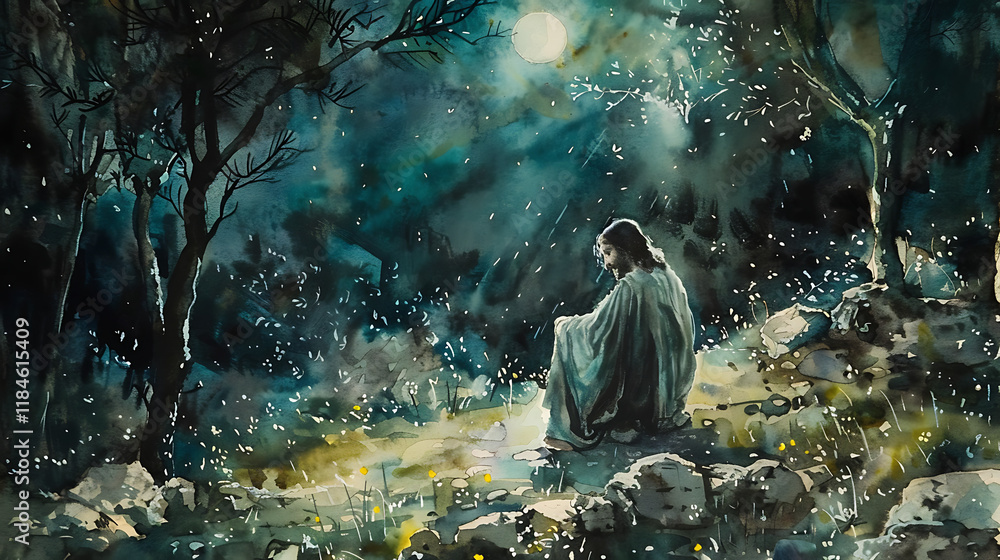 A watercolor of Jesus Christ praying in the Garden of Gethsemane ...